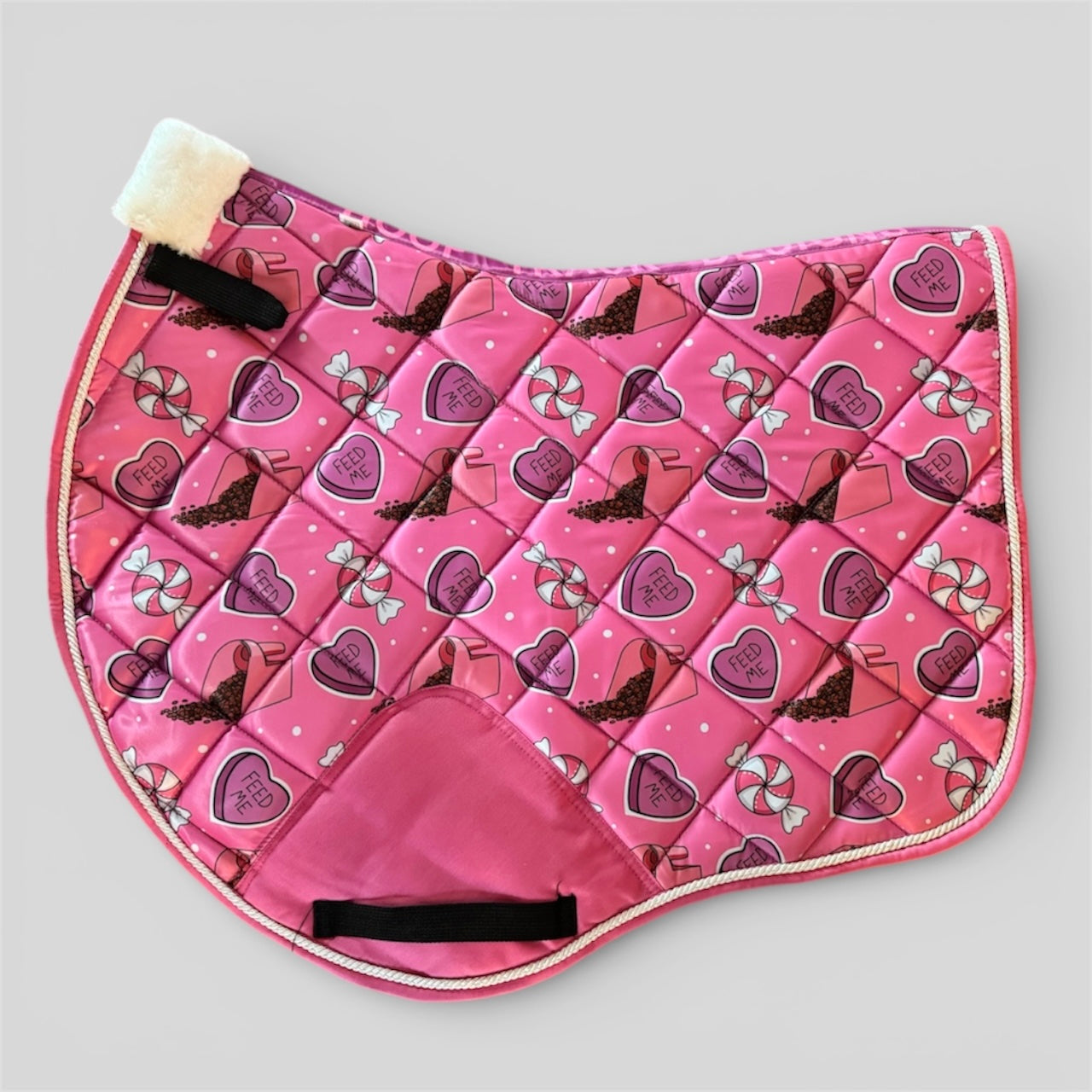 Feed me Valentine’s Day saddle pad – Hoof Track Designs